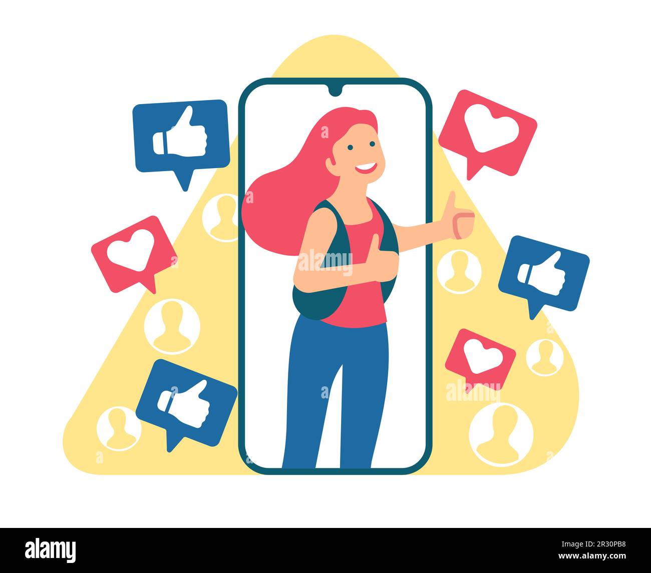 Woman receives and puts likes and hearts on social network. Happy girl ...