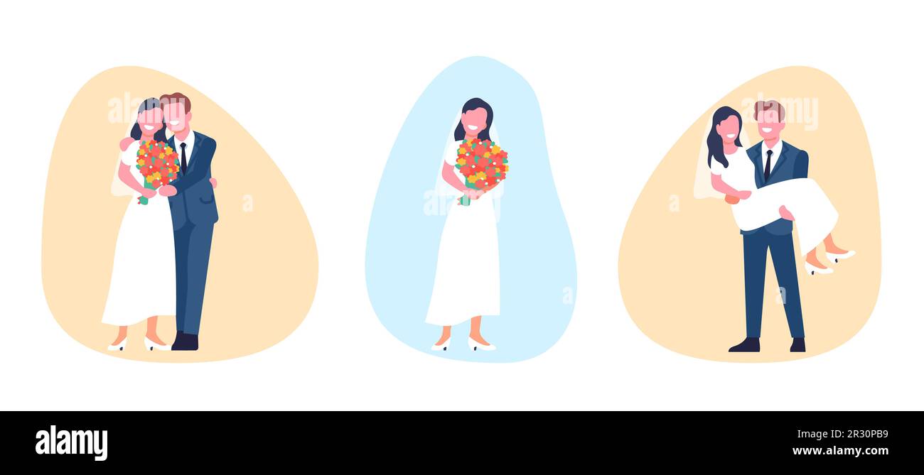 Wedding couple, bride and groom kissing and hugging. Men and women in ...