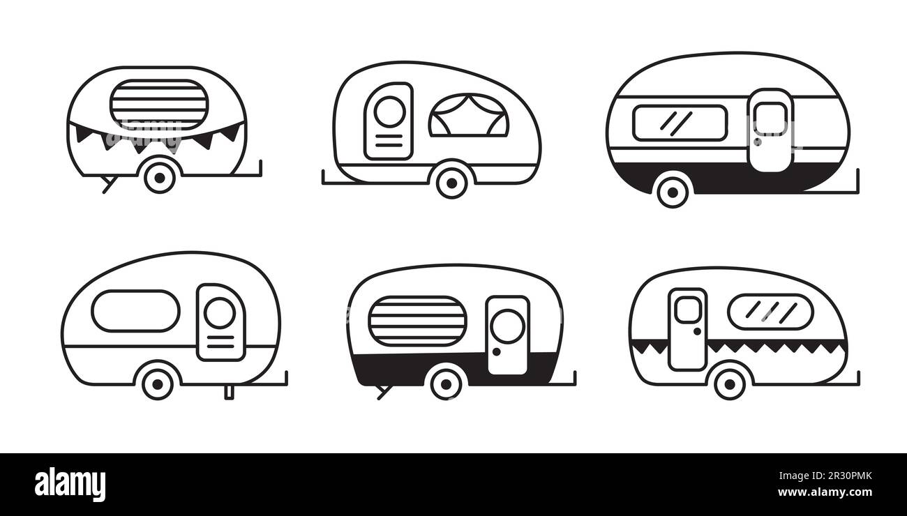 Camper Van trailer set, travel caravan icon doodle Stock Vector Image ...