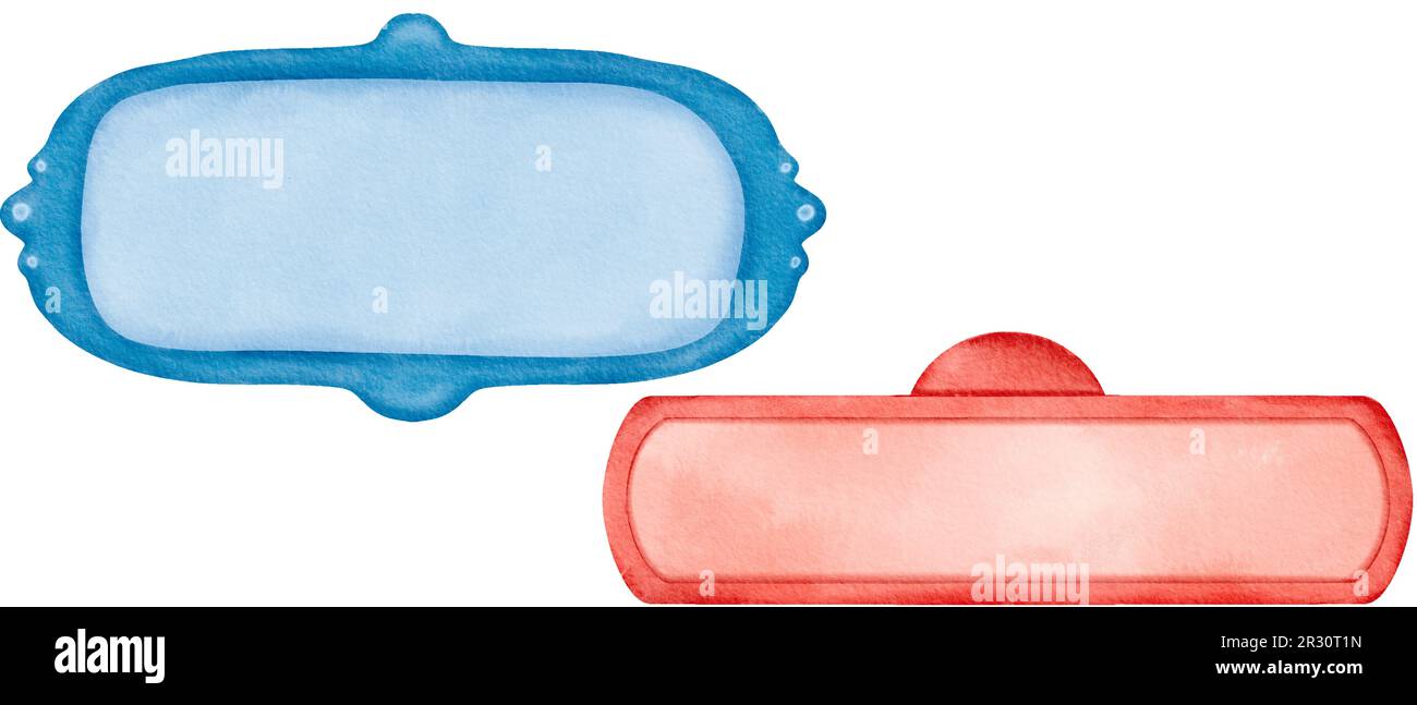 Set of watercolor blue and red plates. Rectangle and oval frames. Hand ...