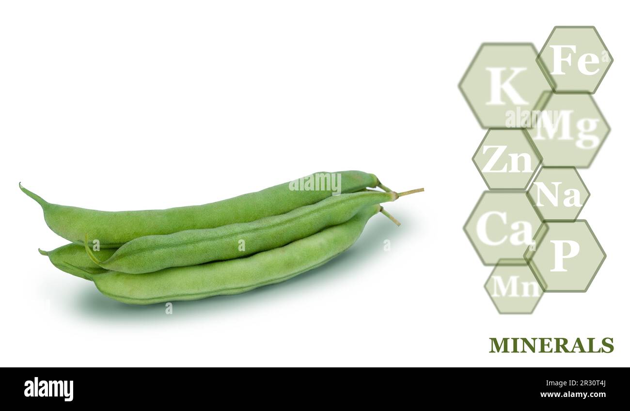 fresh ripe green bean pods isolated on white background with marking of ...