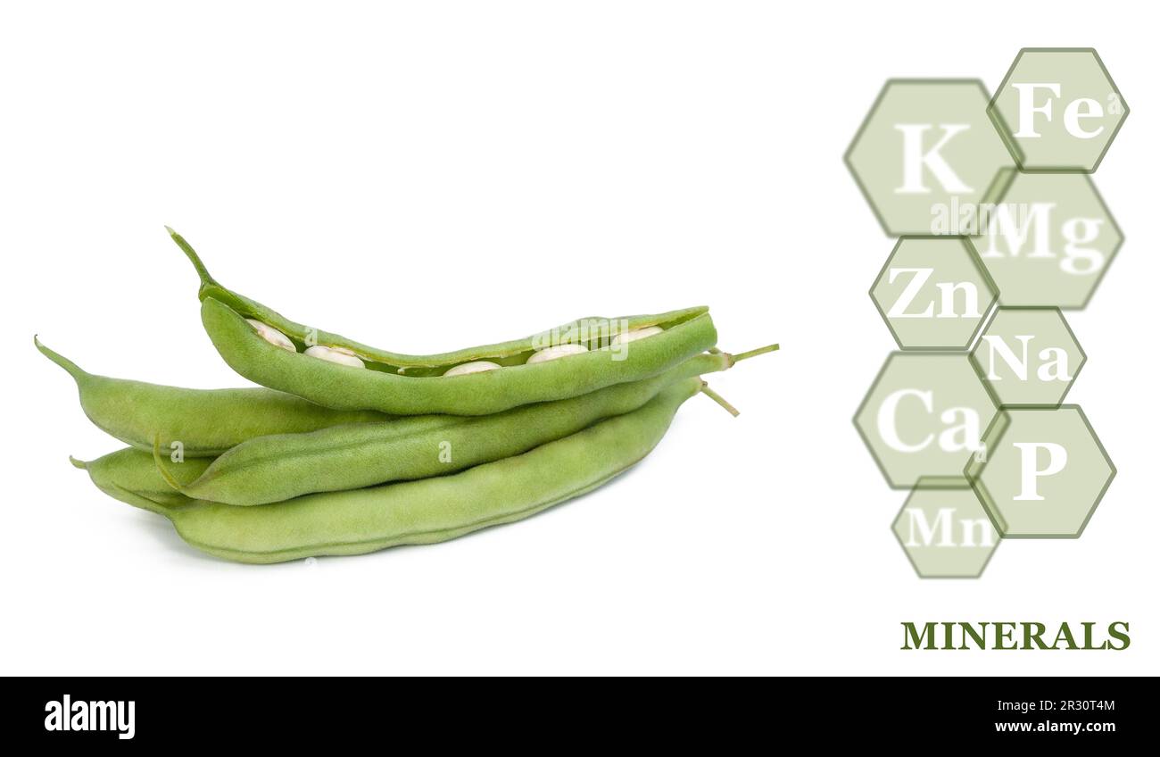 fresh ripe green bean pods isolated on white background with marking of ...