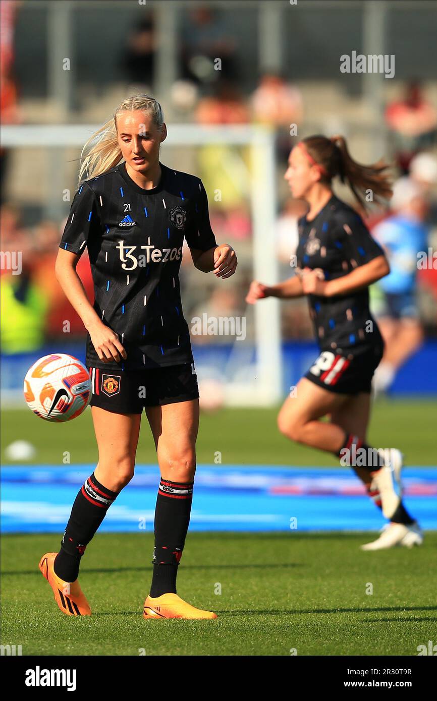 Leigh, UK. 21st May, 2023. Millie Turner (21 Manchester United) warm-up ...
