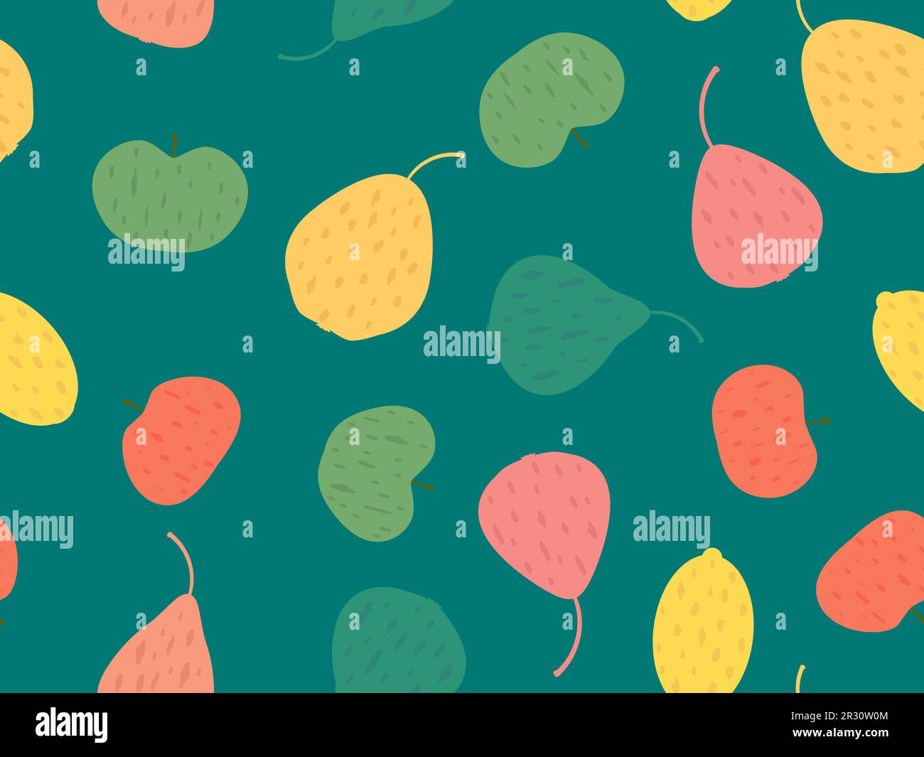 Seamless pattern with pears, apples and lemons on a green background. Summer fruit pattern ...