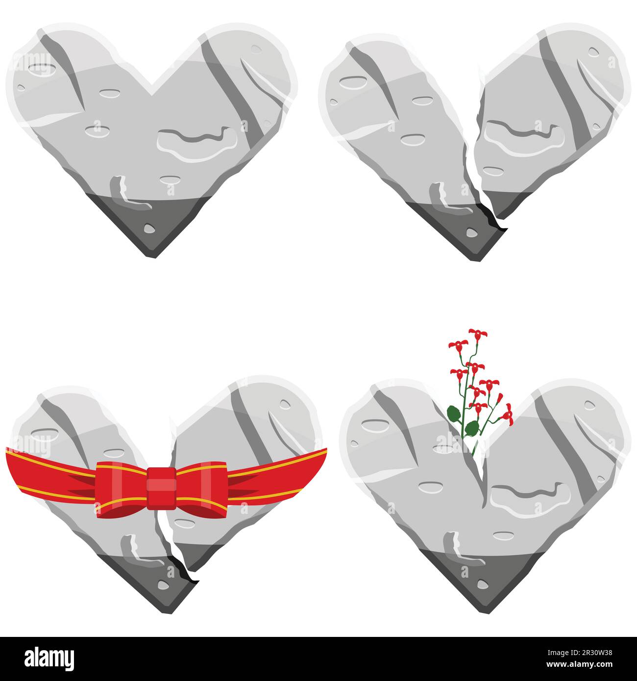 Four stone hearts - whole, broken, tied with a bow, with a flower ...
