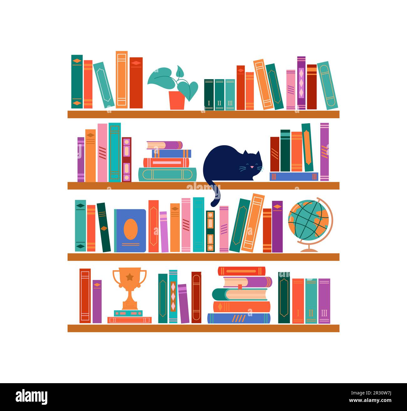 Bookshelf concept illustration. A lot of books on the shelf, clock, cat ...