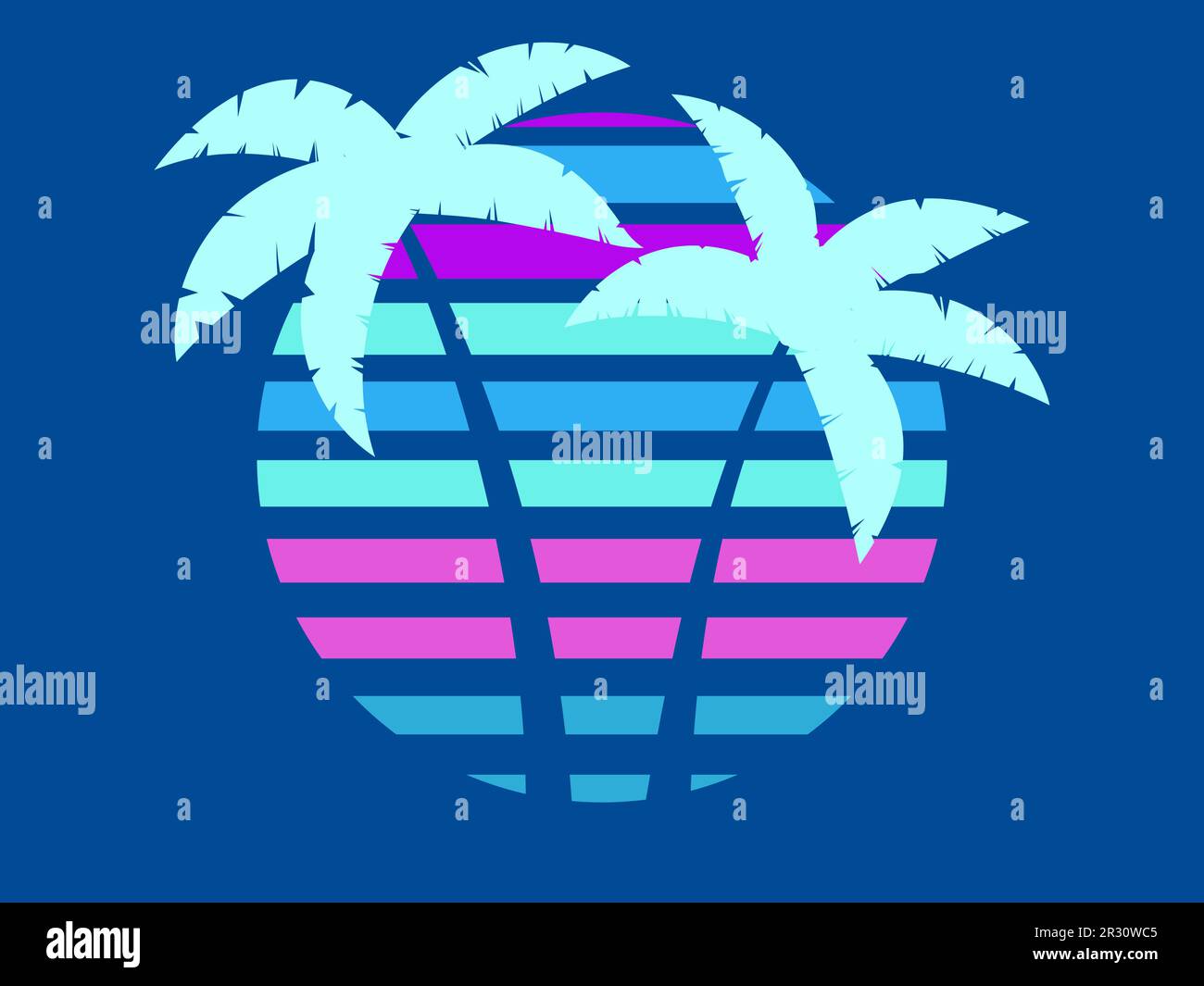 Two palm trees against the backdrop of the 80s retro sun isolated on a ...