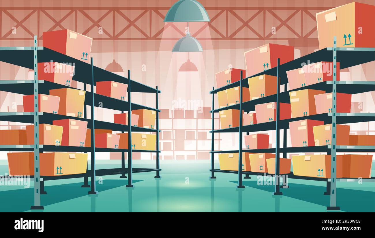 Warehouse interior with cardboard boxes on metal racks. Vector cartoon ...