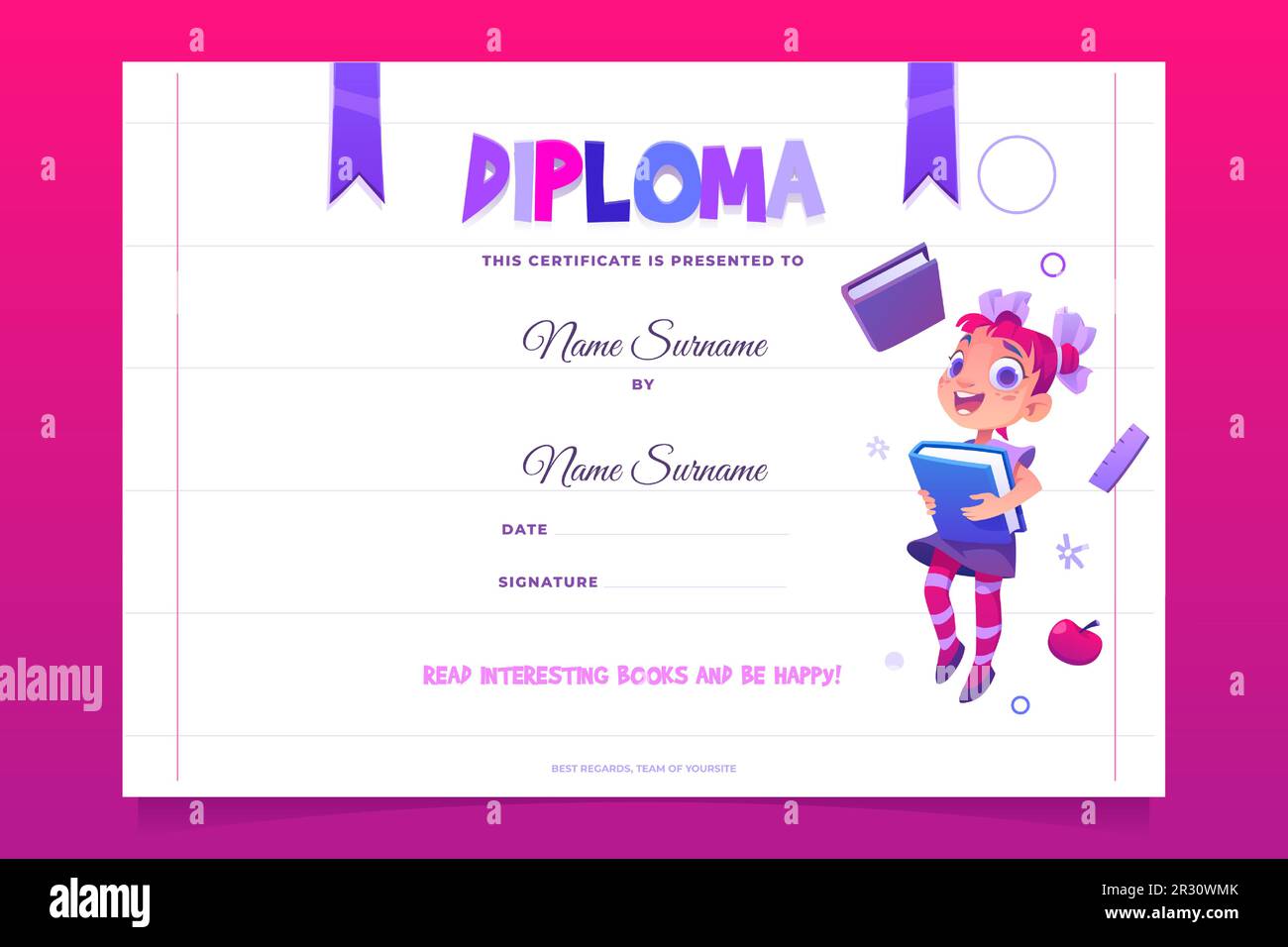 Kids school diploma certificate happy child with book jumping, girl ...