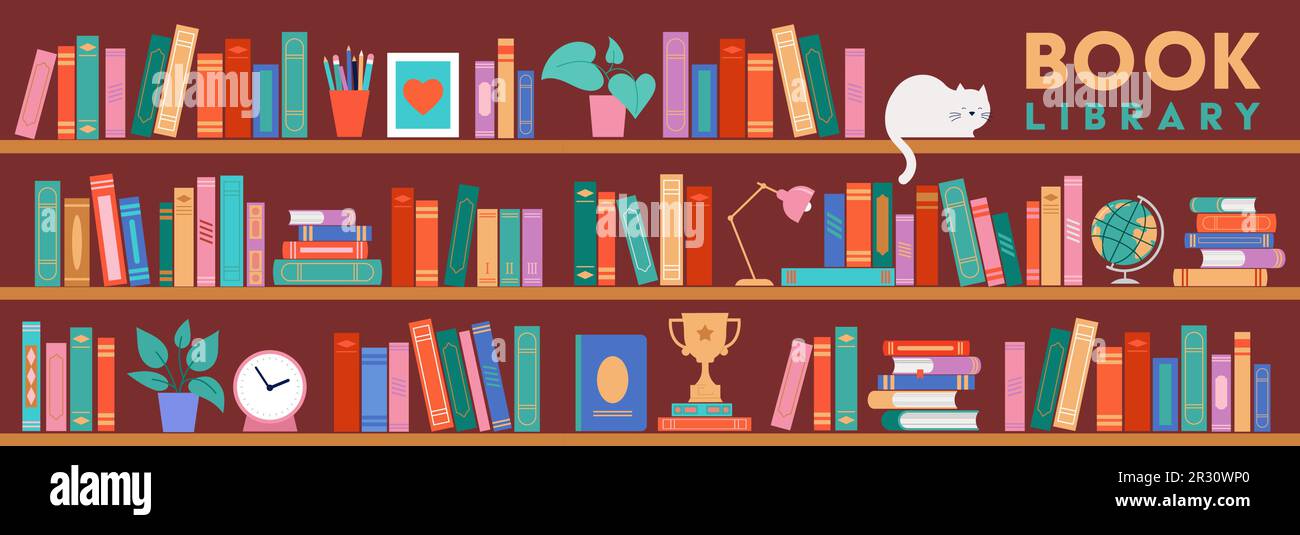 Bookshelf concept illustration. A lot of books on the shelf, clock, cat ...