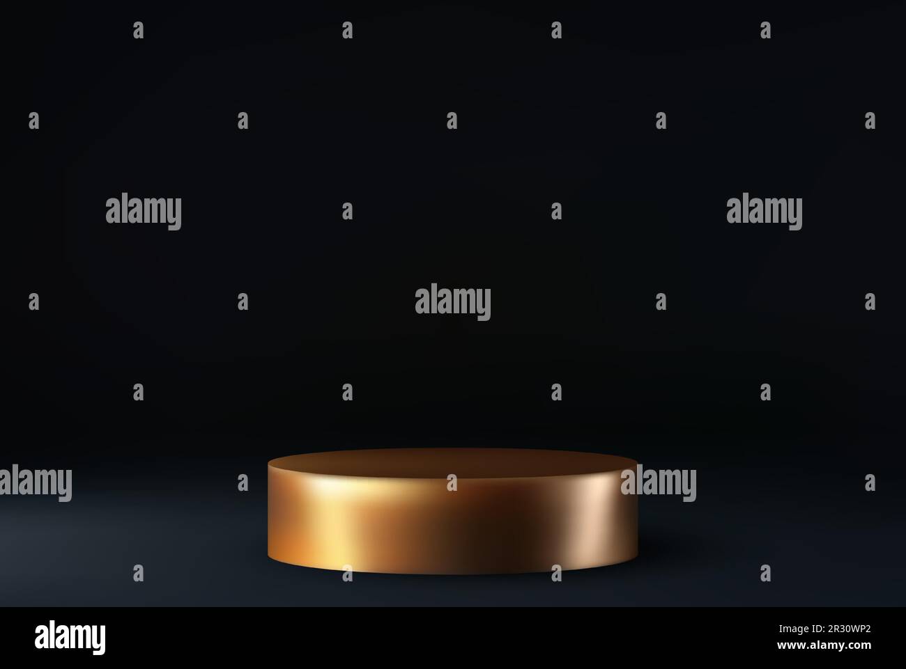 Minimal golden podium display. Black background with round golden ...