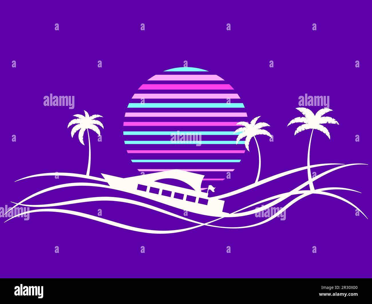 80s retro sun with a wavy landscape of palm trees and a yacht. Sea ...