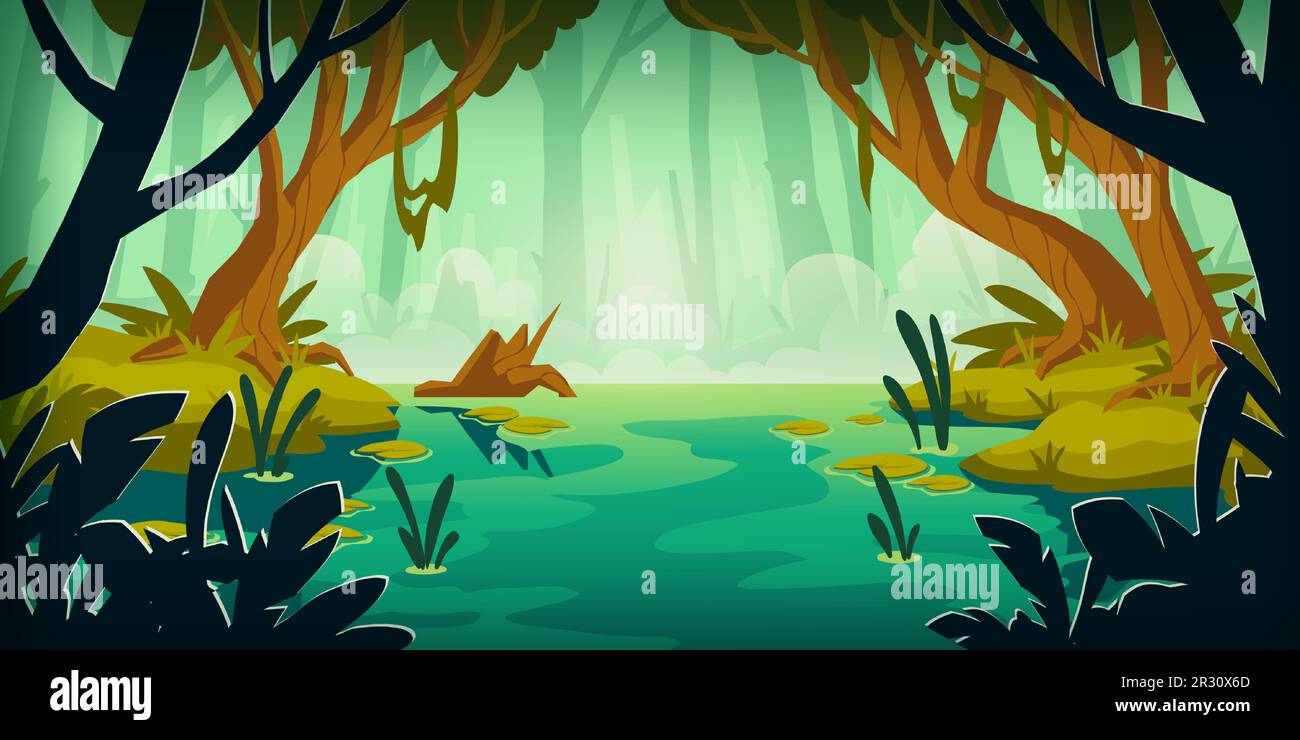 Swamp in tropical forest. Landscape with marsh, water lilies, trees ...