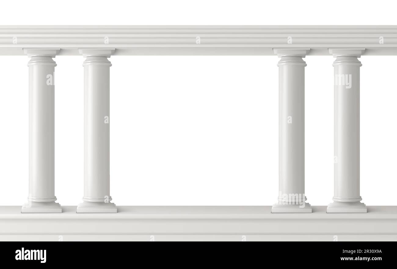 Antique columns, stone pillars frame balustrade isolated. Ancient ...