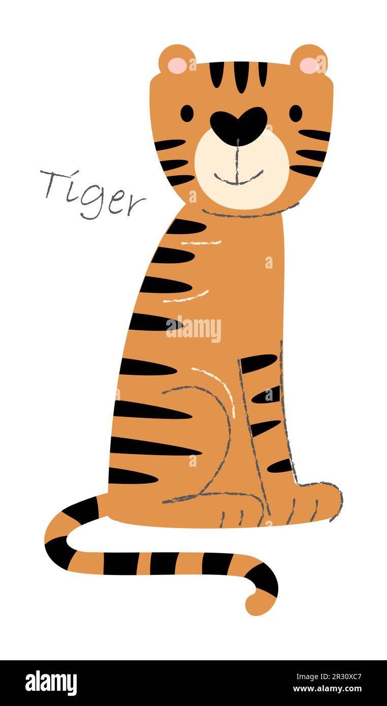Tiger . Cute animals cartoon characters . Flat shape and line stroke ...