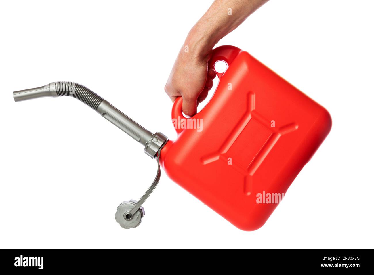 Hand of man holding red plastic gasoline can as if filling up isolated ...