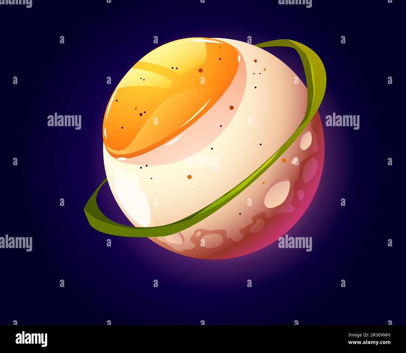 Egg planet in outer space. funny food sphere with fried ovum texture and green ring. Comic ...