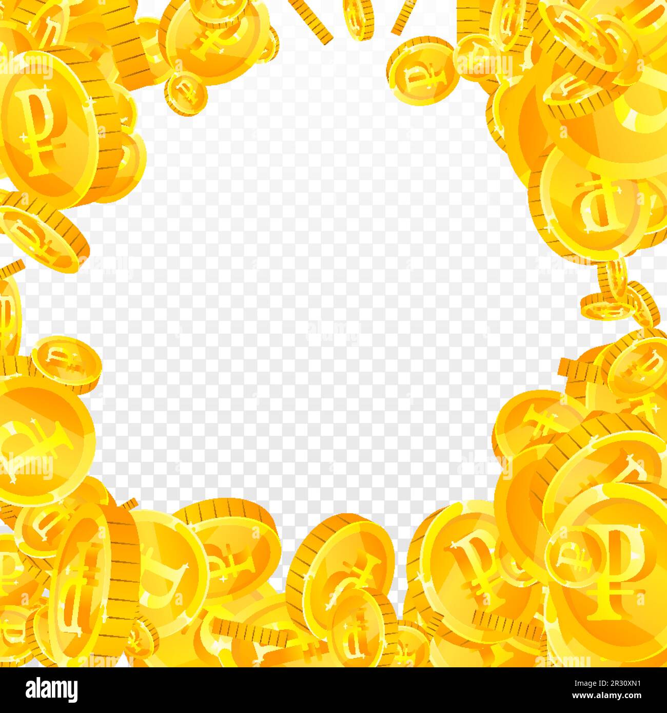 Russian ruble coins falling. Scattered gold RUB coins. Russia money ...