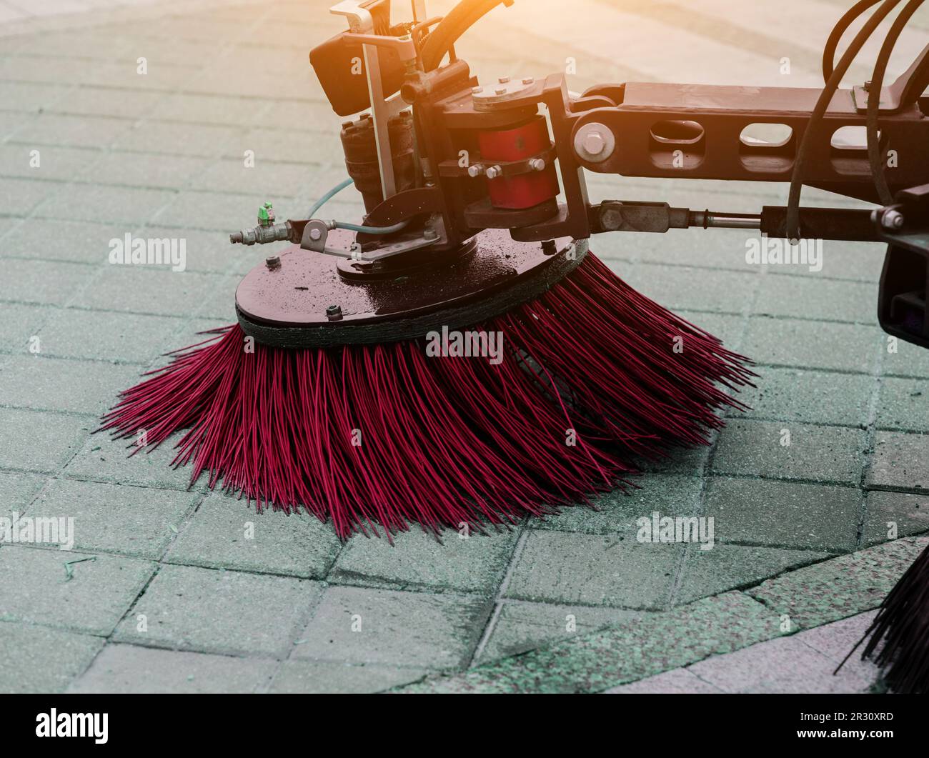 industrial sidewalk cleaning. Brushs of street cleaning machine Stock ...
