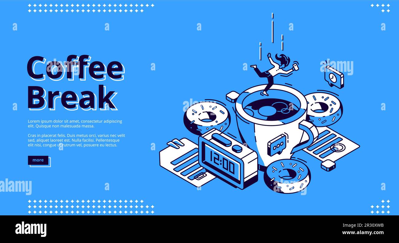 Coffee break isometric landing page. Girl falling to huge cup with hot ...
