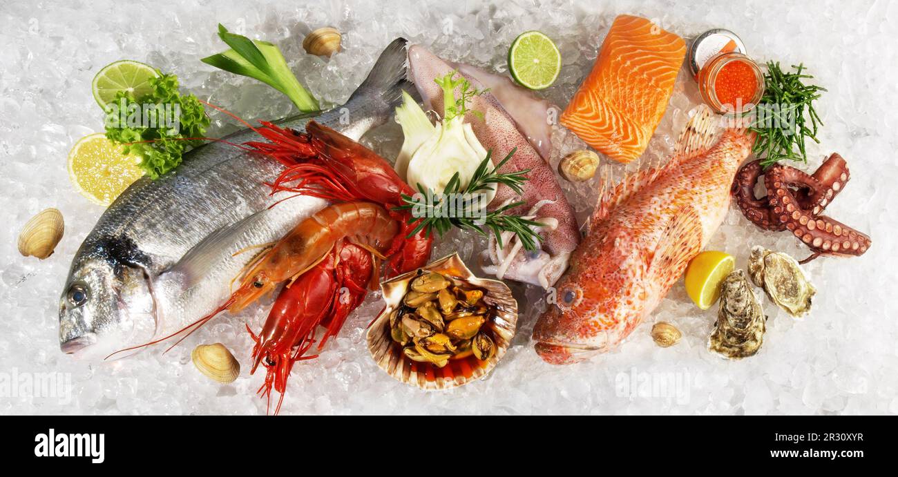 Fish and Sea Food on Ice with Sea Weed, Caviar, Mussels, Oysters and ...