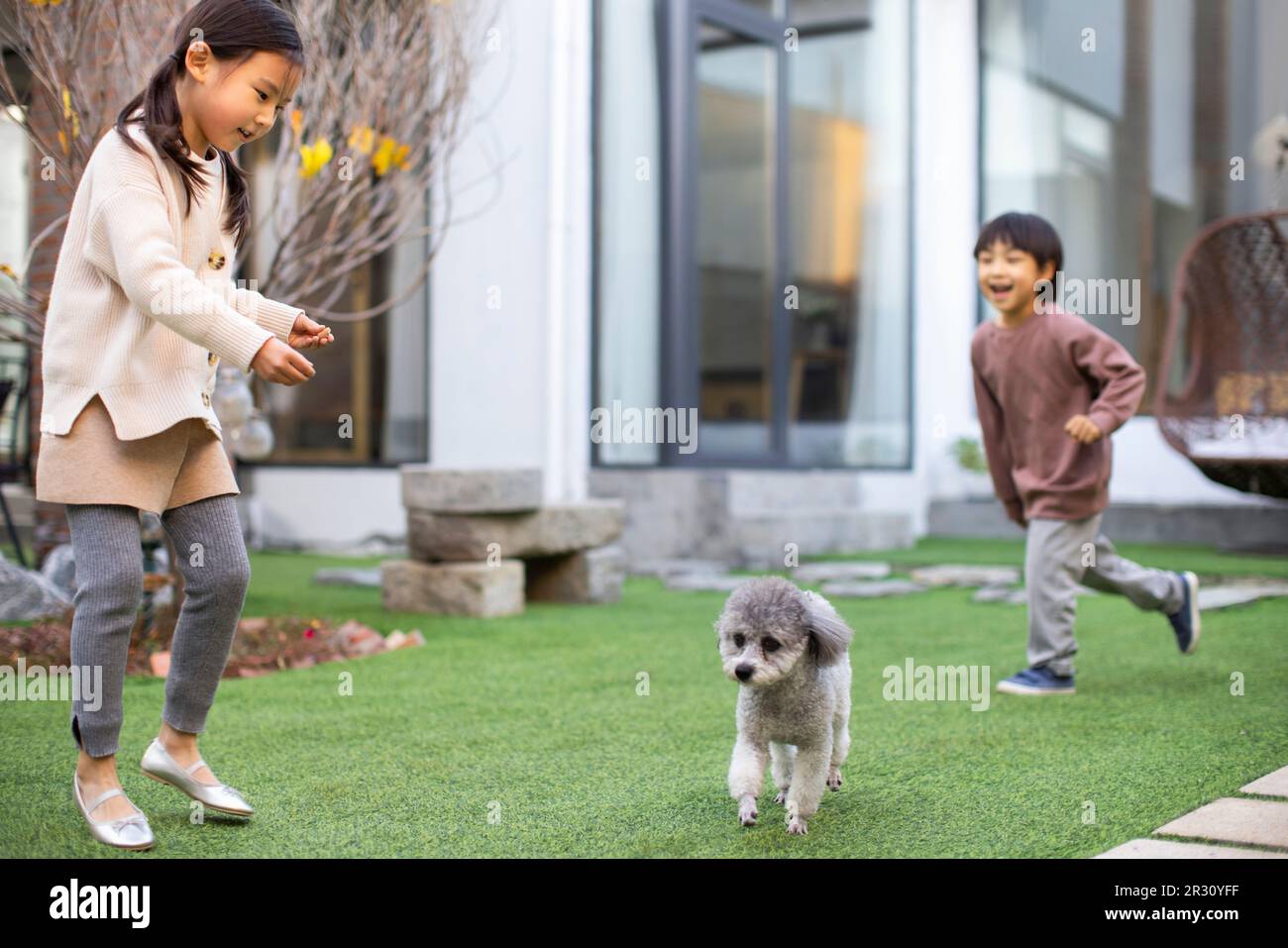 Happy little Chinese children playing with pet dog in the courtyard ...