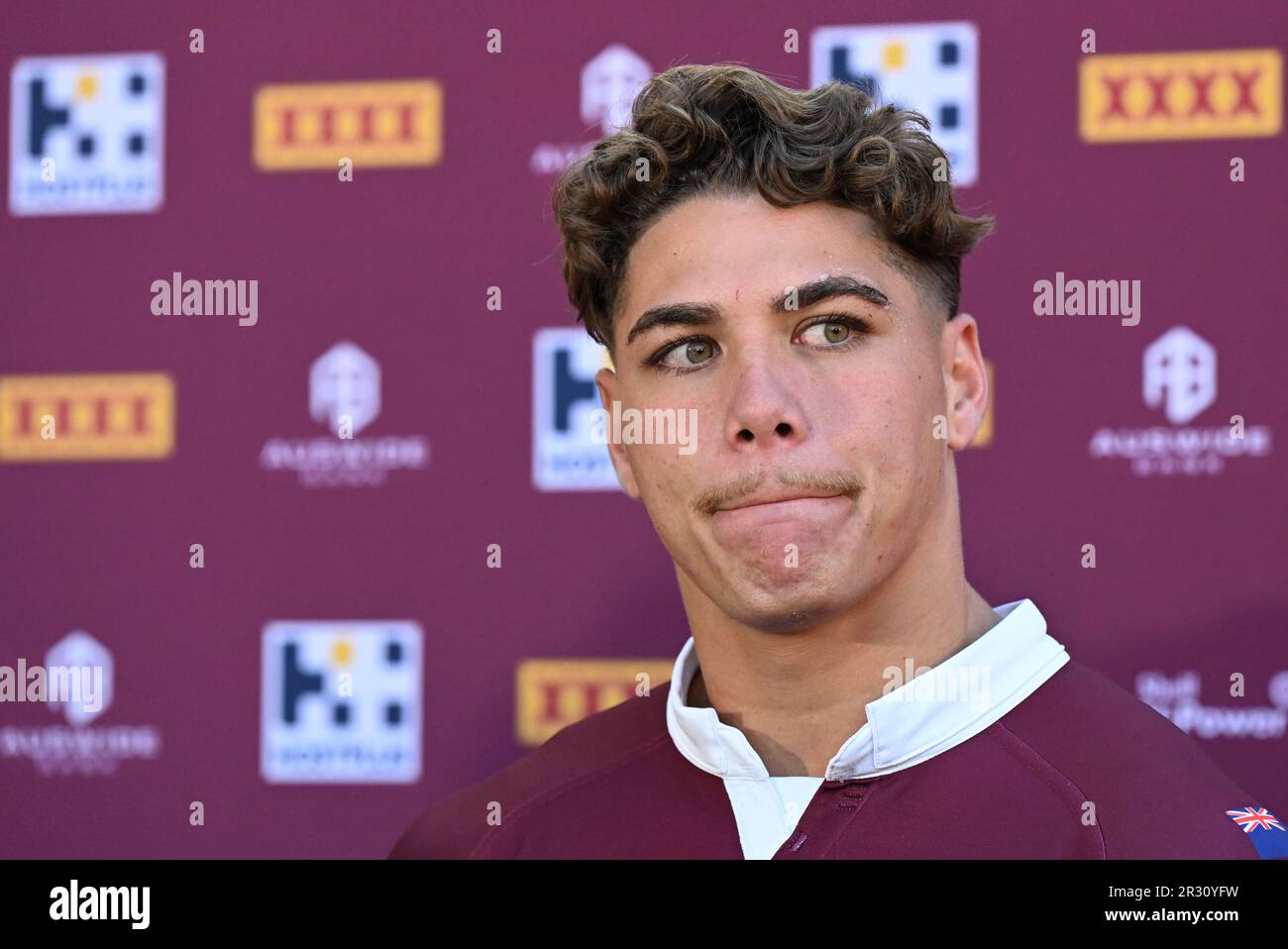 Reece Walsh of the Maroons is seen talking to the media during the 2023 ...