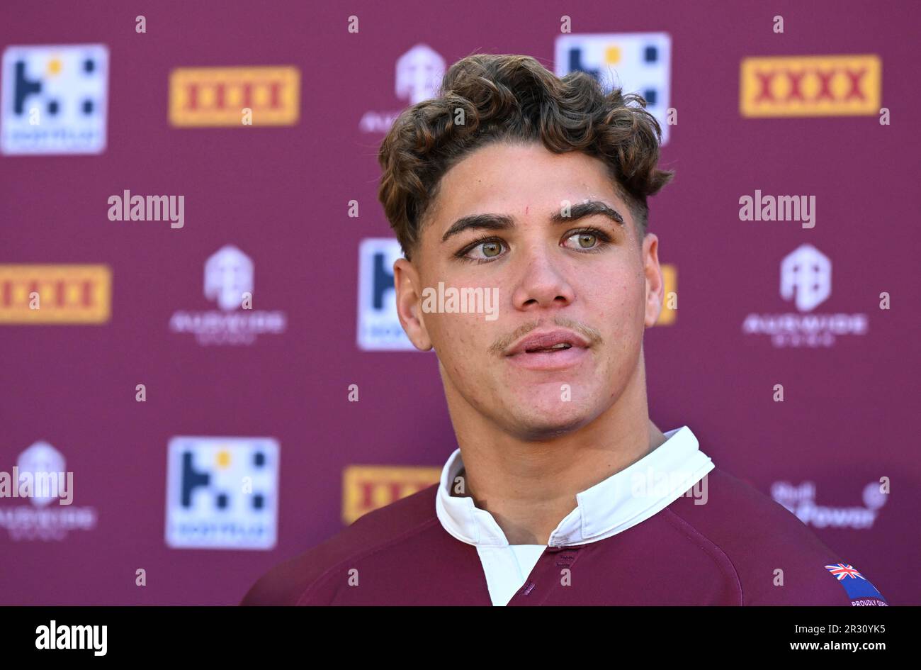 Reece Walsh of the Maroons is seen talking to the media during the 2023 ...
