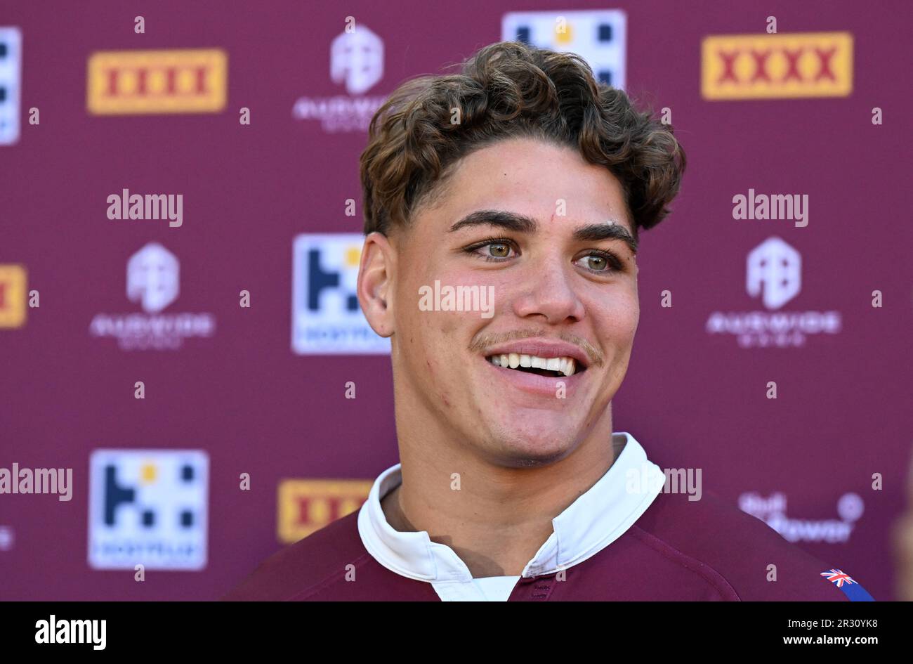 Reece Walsh of the Maroons is seen talking to the media during the 2023 ...