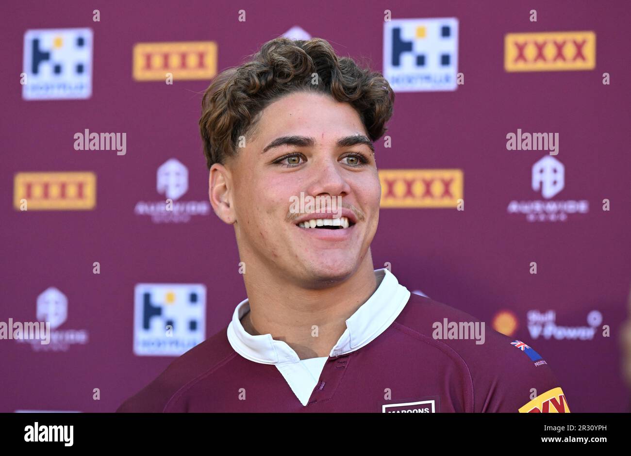 Reece Walsh of the Maroons is seen talking to the media during the 2023 ...