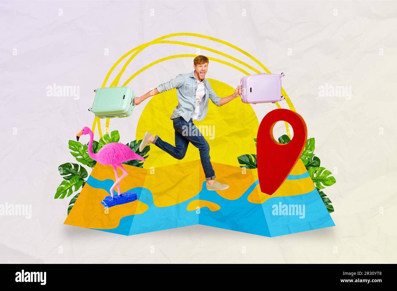 Picture bright collage poster banner image of happy cheerful guy hurry ...