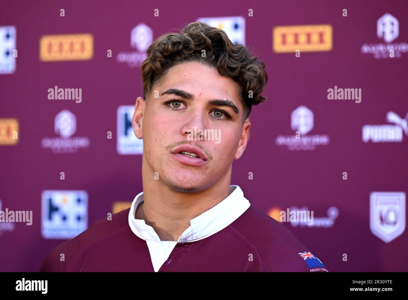 Reece Walsh of the Maroons is seen talking to the media during the 2023 ...