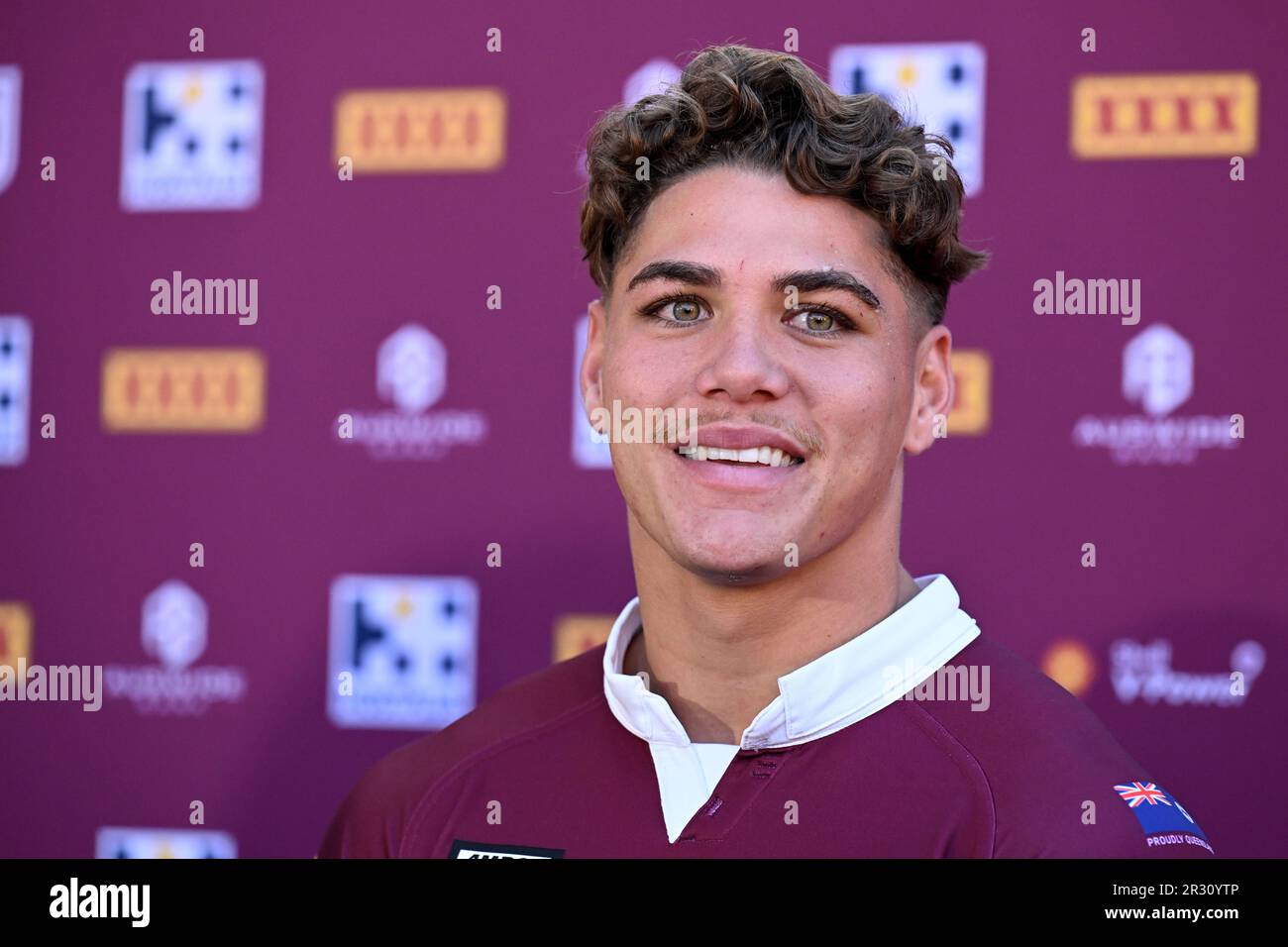 Reece Walsh of the Maroons is seen talking to the media during the 2023 ...