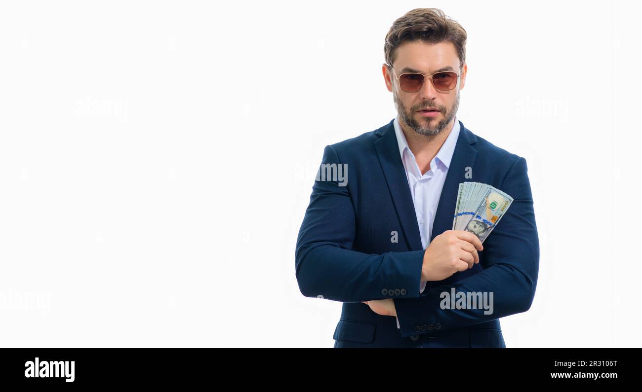 Man in suit with money cash. Dollar banknotes. Portrait of man holding ...