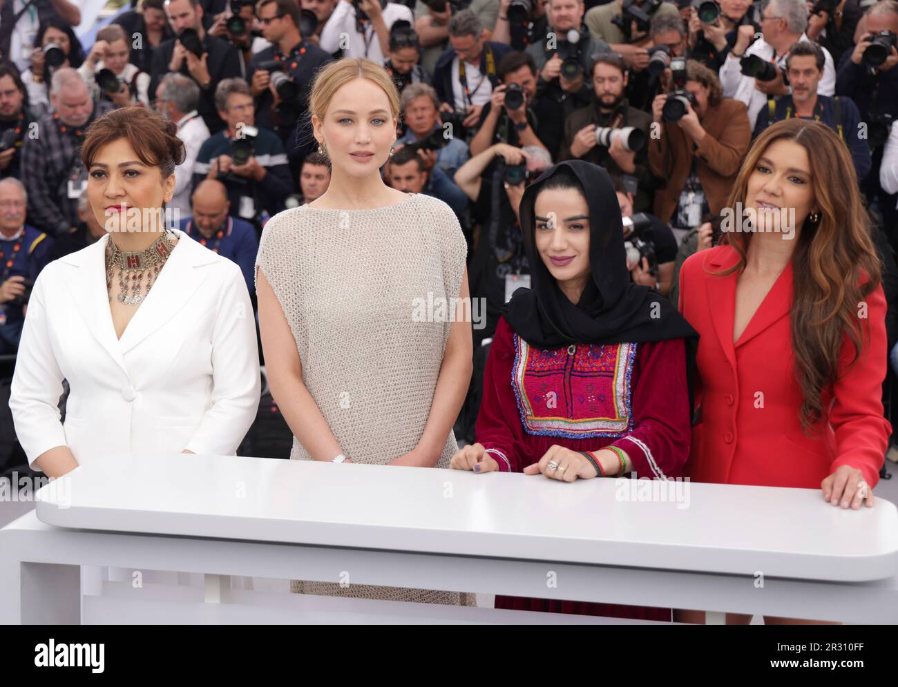 Director Sahra Mani, from left, producer Jennifer Lawrence, Zahra, and ...