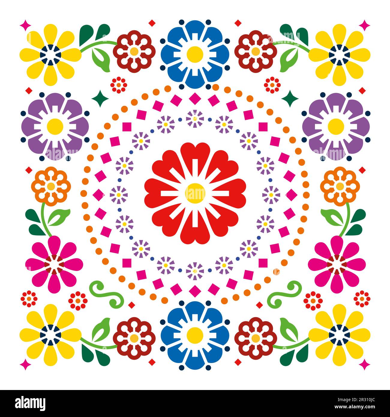 Mexican folk art style vector square floral vibrant pattern - greeting ...