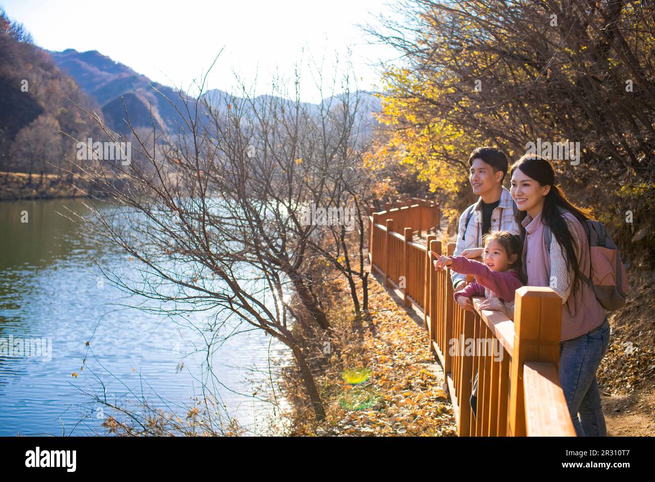 Cheerful young family enjoying the beautiful natural scenery Stock ...