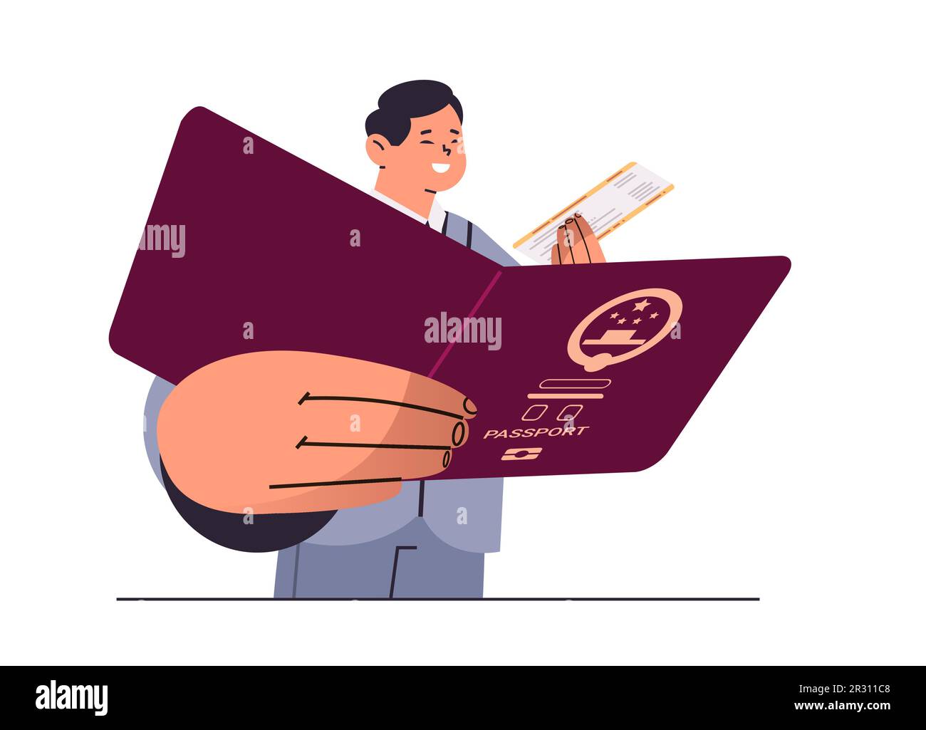 man tourist holding passport with boarding pass or flight ticket guy ...