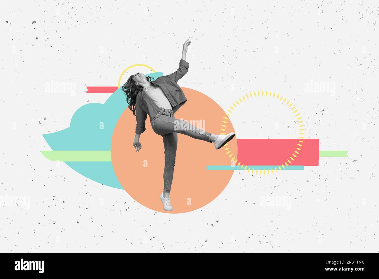 Creative magazine collage image of smiling happy lady walking dancing ...