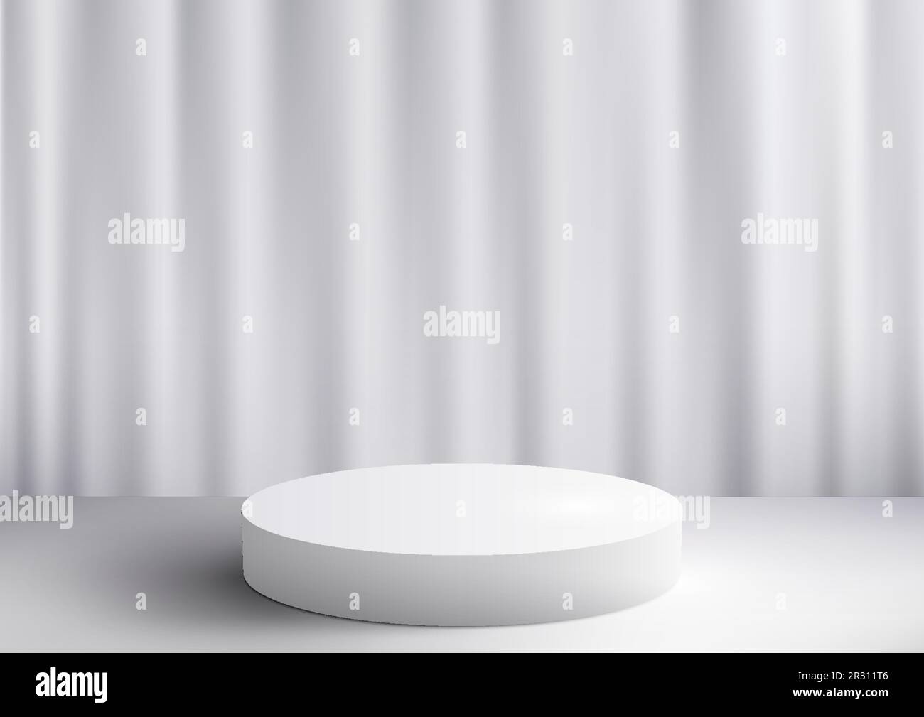 3D realistic empty white podium stand with white curtain backdrop on ...