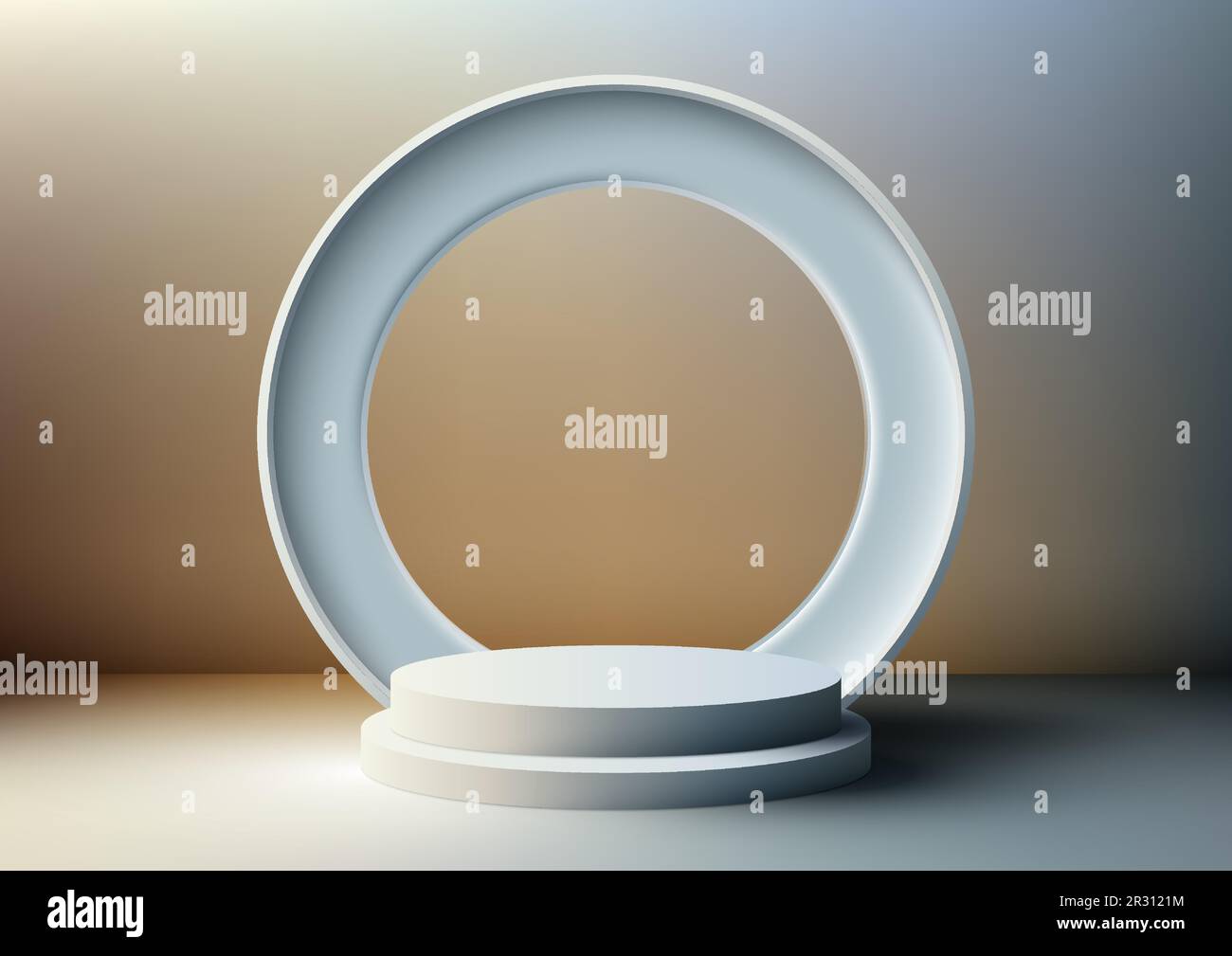 3D realistic empty white podium stand with circle backdrop on blue ...