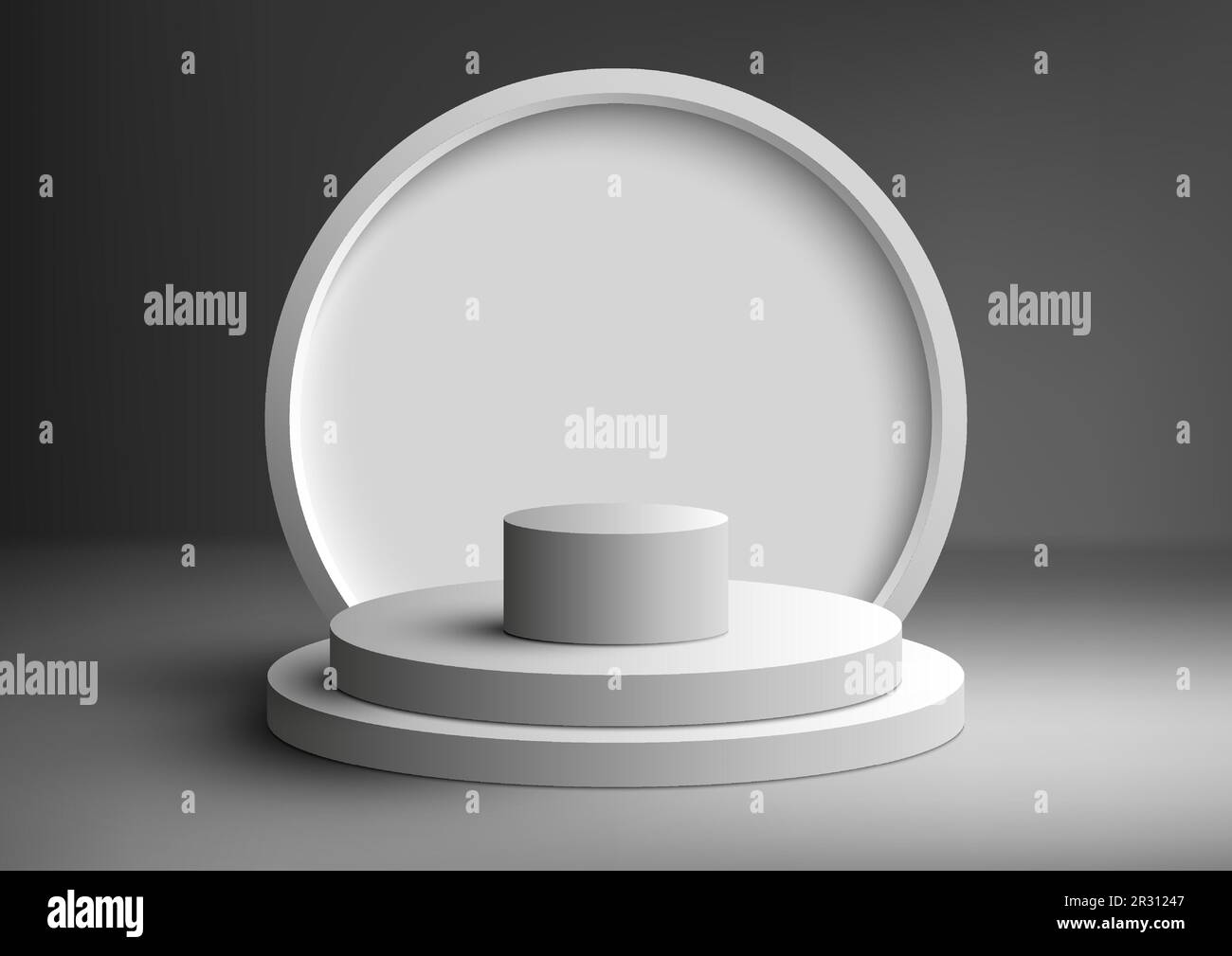 3D realistic empty group of white podium stand platform display layer ...