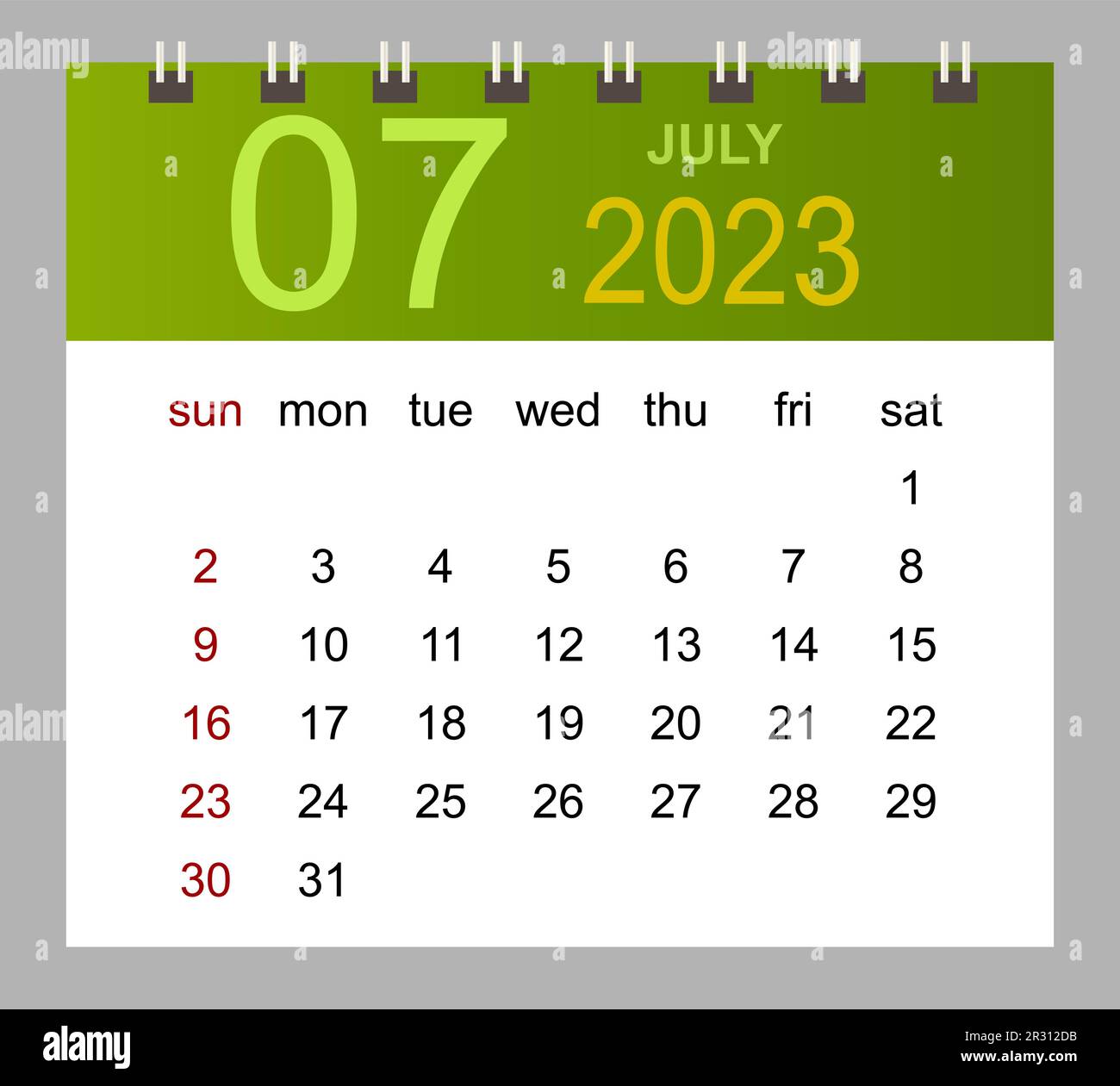 July 2023. Vector monthly calendar template 2023 year in simple style ...