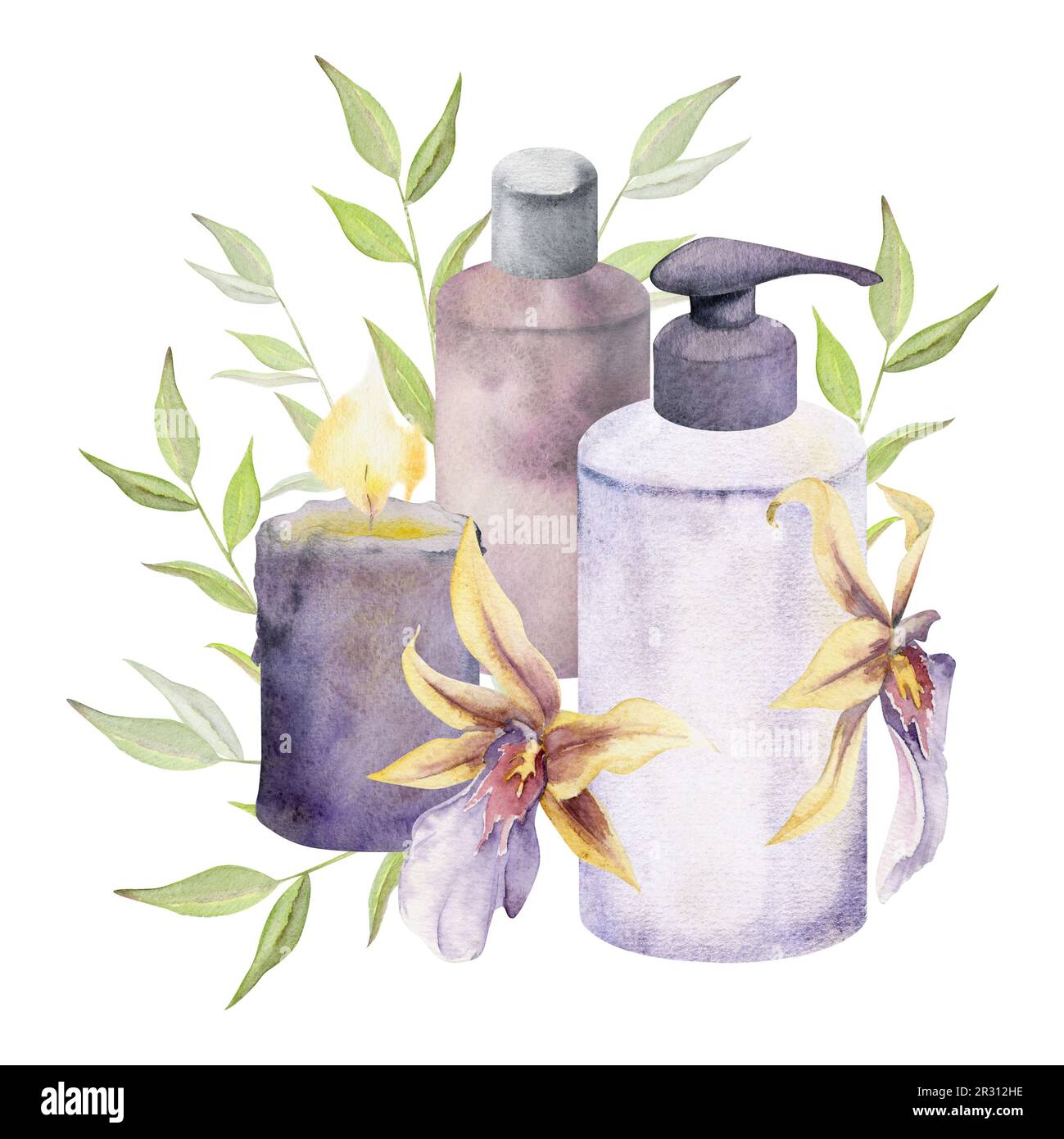 Hand drawn watercolor spa skincare bath beauty products package flowers ...