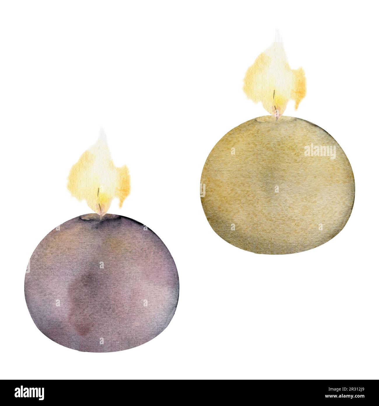 Hand drawn watercolor assorted candles lit with flames. Votives, balls ...