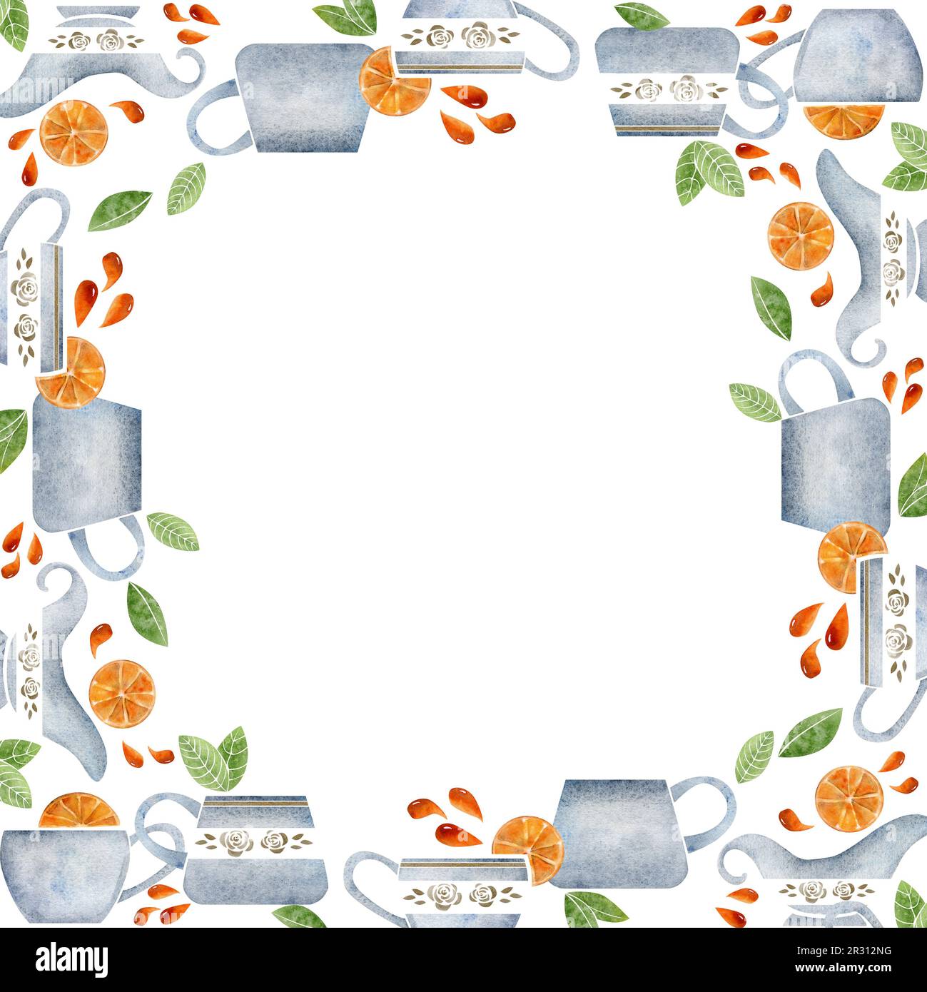 Watercolor hand drawn border frame with porcelain gold coffee cups ...