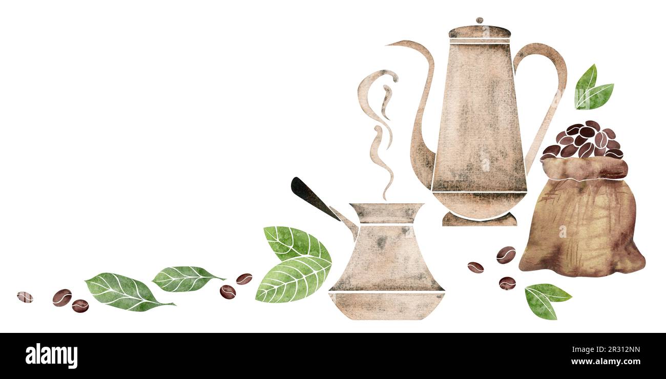 Watercolor hand drawn composition with coffee copper pot, cezve, jute ...