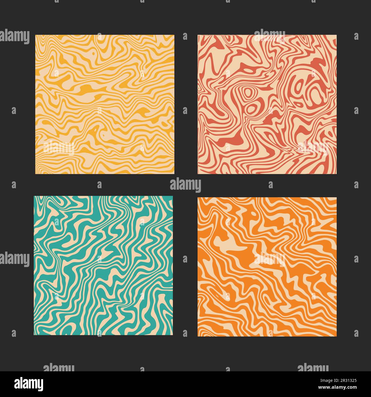 Groovy retro backgrounds set. Wavy trippy post template in psychedelic ...
