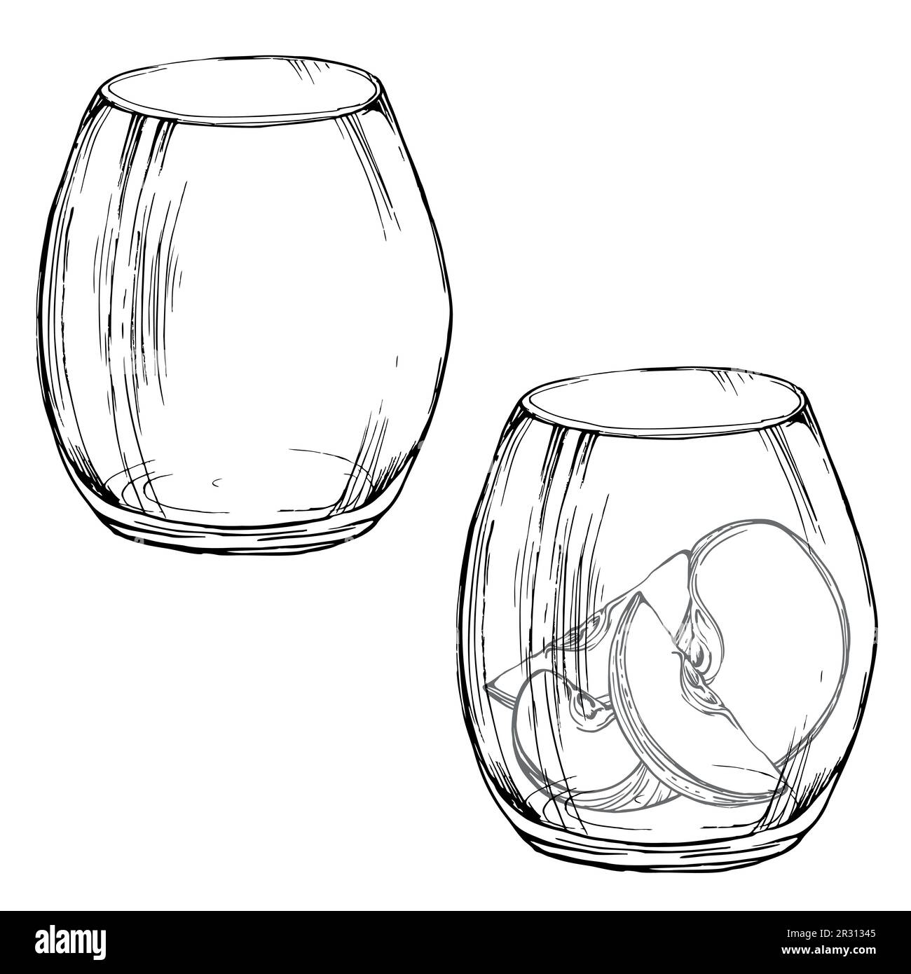 Hand drawn ink composition with ripe apple fruit slices in glass ...