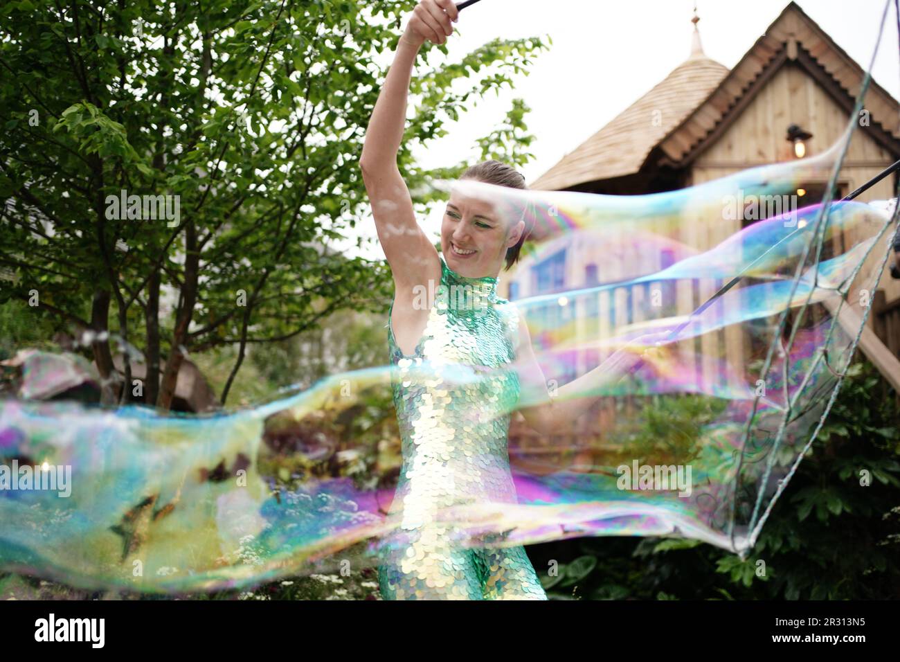 A bubble artist performs a bubble show during the RHS Chelsea Flower ...